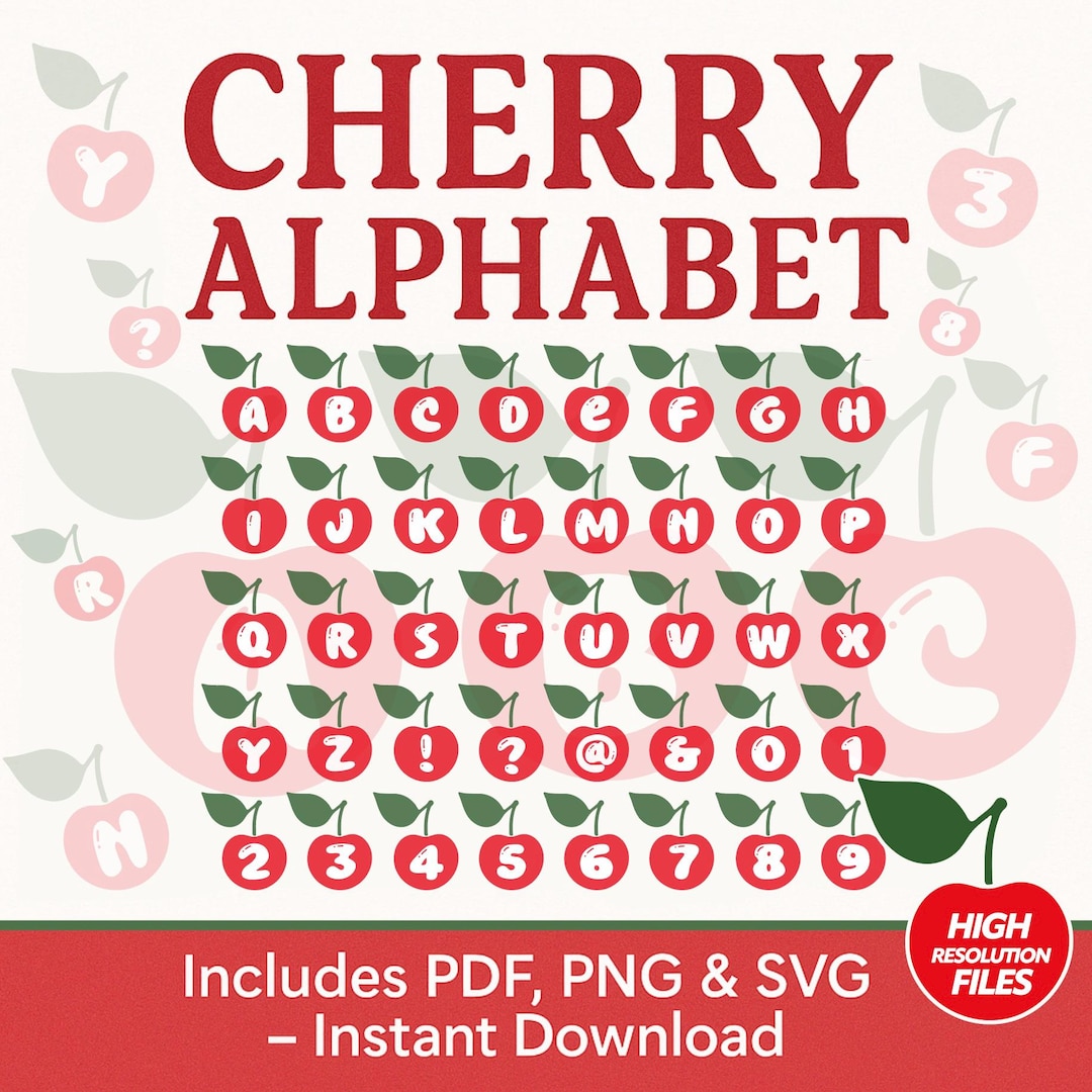 Cherry Alphabet Clipart – Cute Red Fruit Letters & Numbers – High ...