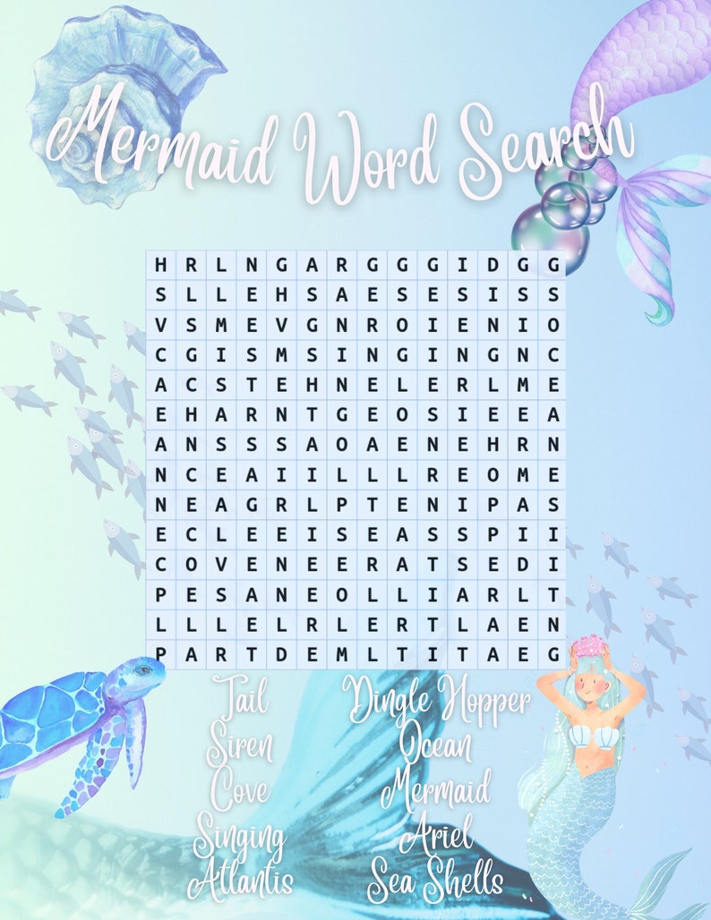 Mermaid Word Search, Mermaid Printable, Kids Word Search, Mermaid Party ...