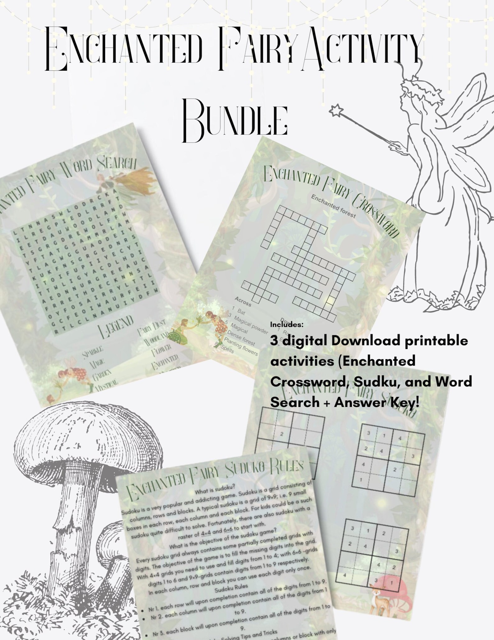 Enchanted Fairy Activity Bundle,printable Puzzle,word Search,crossword ...