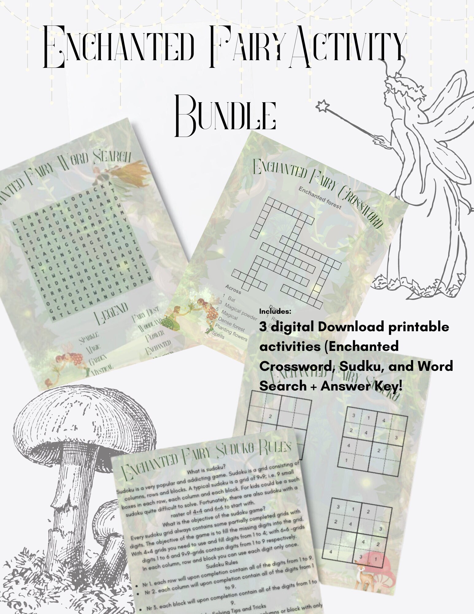 Enchanted Fairy Activity Bundle,printable Puzzle,word Search,crossword ...