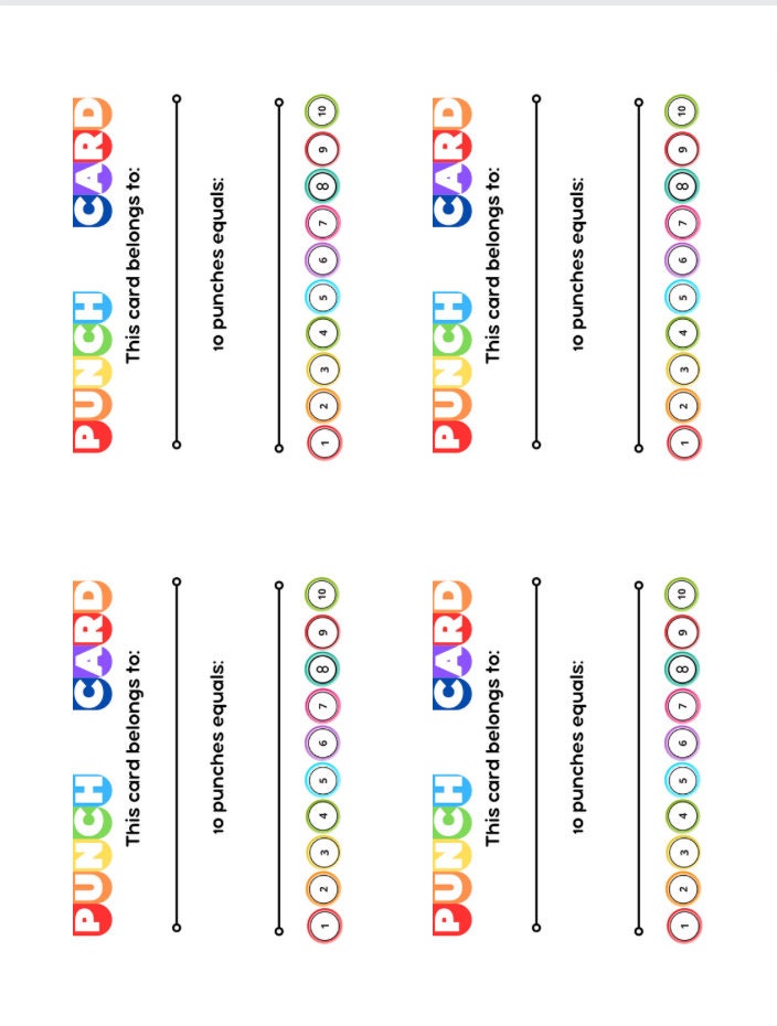 Punch Card Reward Card Digital Download Printable, Rewards System, Kid ...