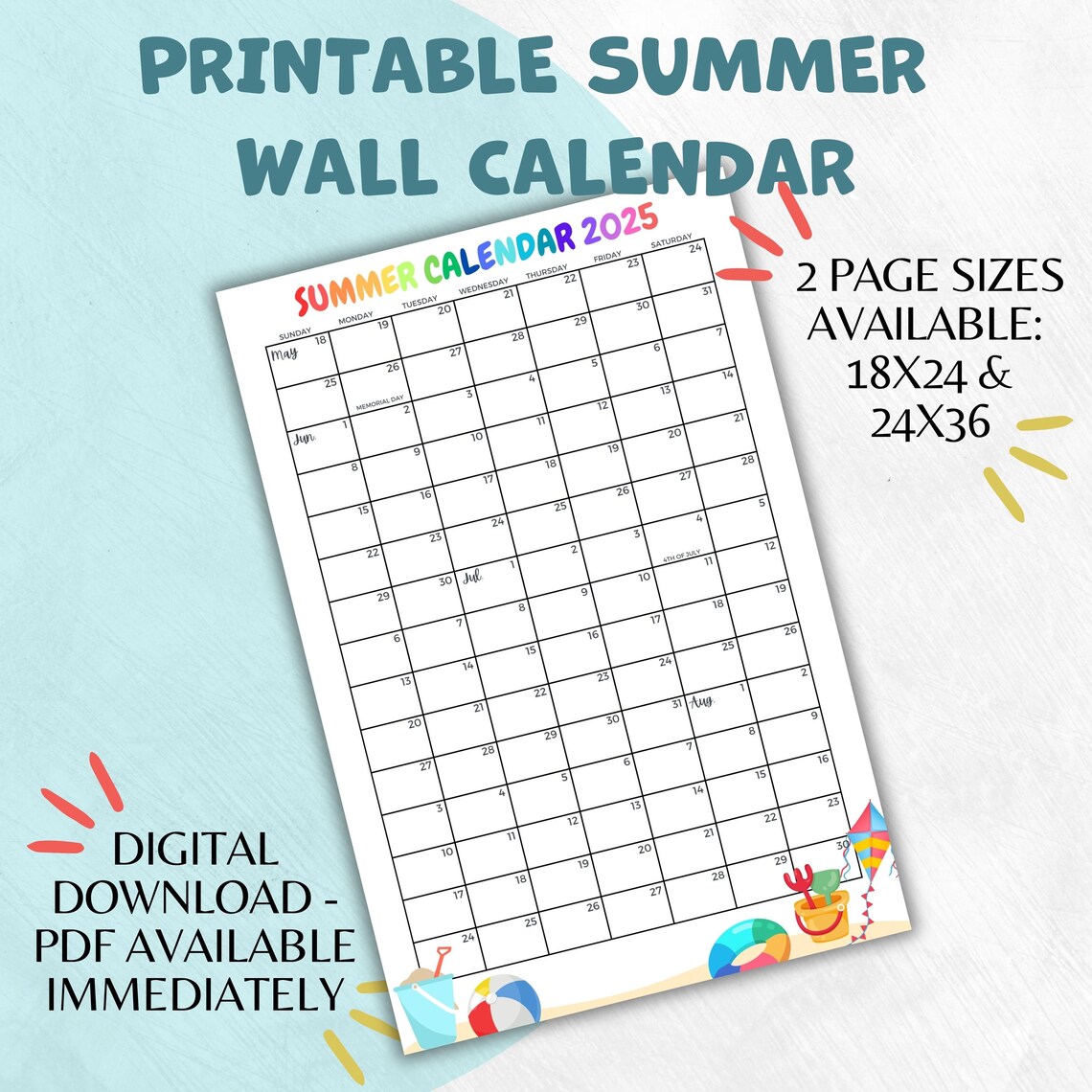 Printable Summer Wall Calendar | Planning Summer 2025 Calendar for Kids ...