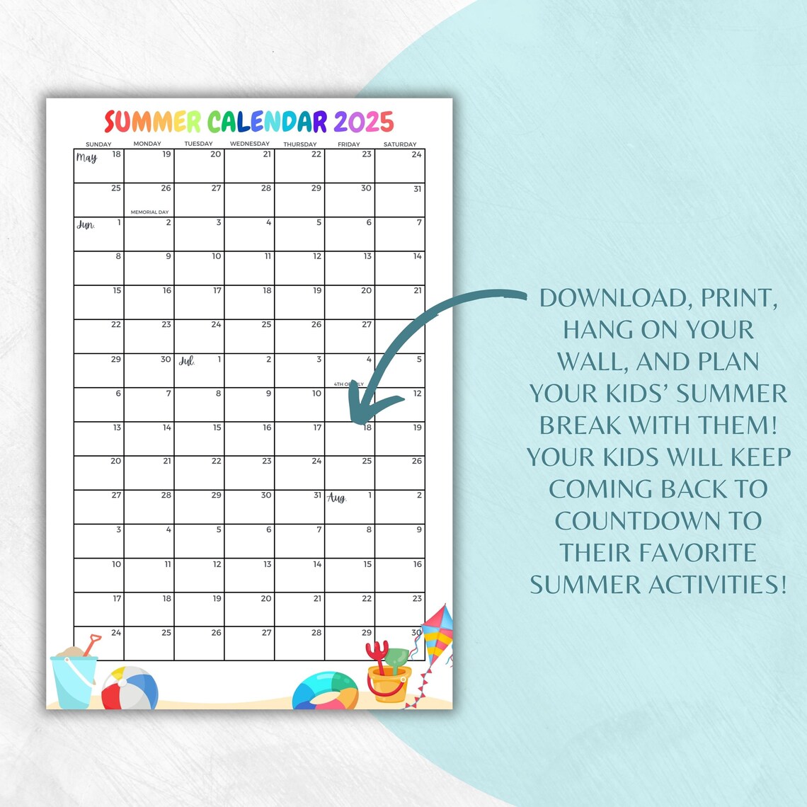 Printable Summer Calendar 2025: Kids' Activity Planner (digital ...