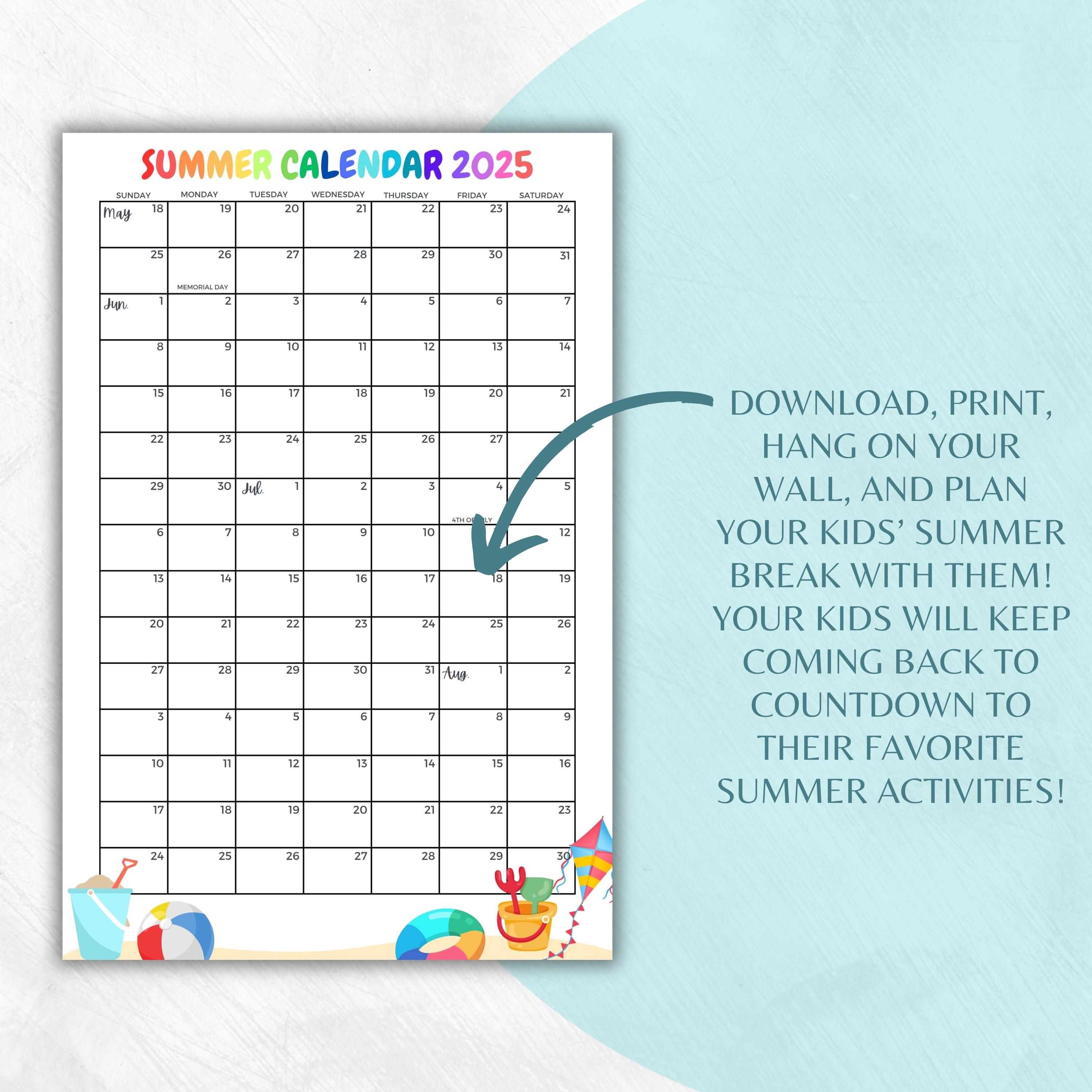 Printable Summer Calendar 2025: Kids' Activity Planner (digital ...