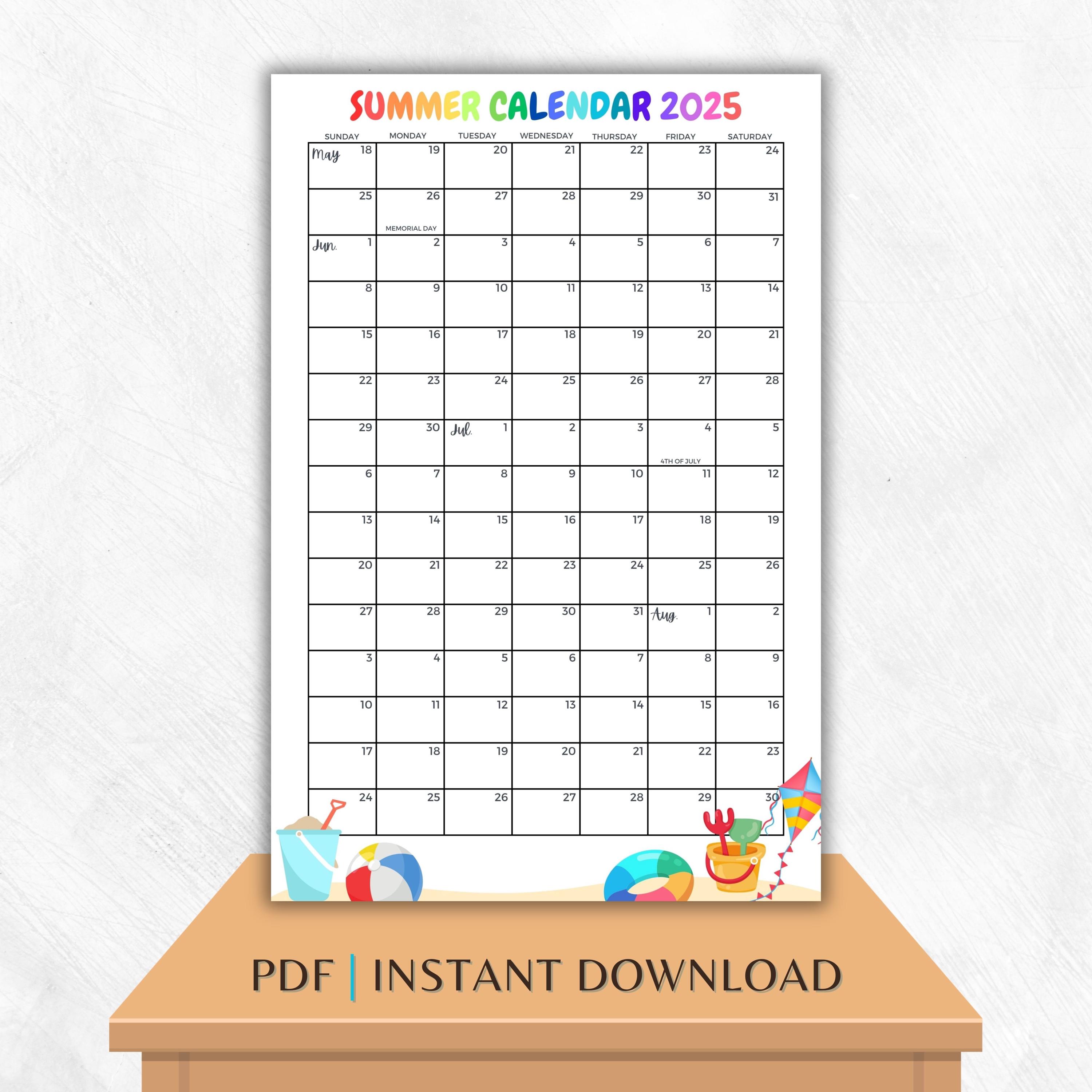 Printable Summer Wall Calendar | Planning Summer 2025 Calendar for Kids ...