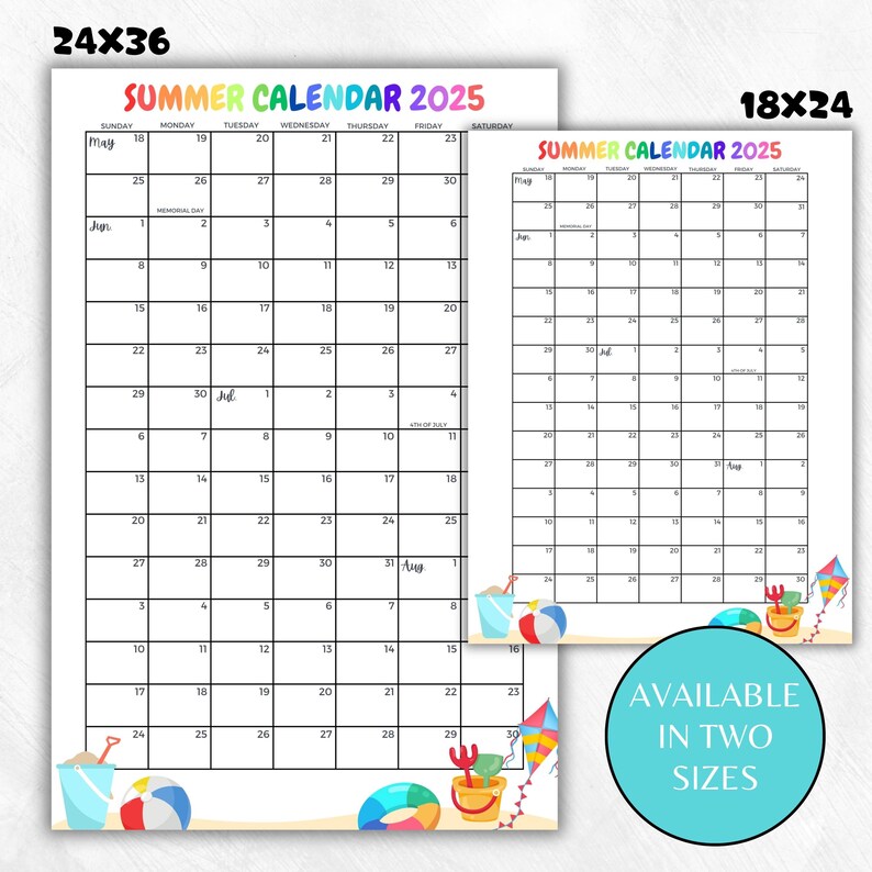 Printable Summer Wall Calendar | Planning Summer 2025 Calendar for Kids ...