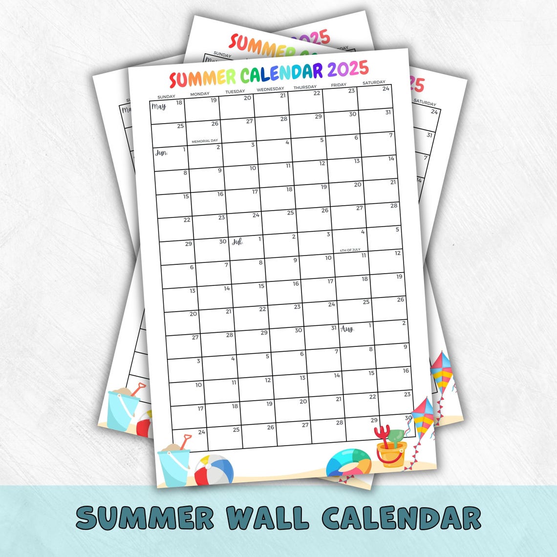 Printable Summer Wall Calendar | Planning Summer 2025 Calendar for Kids ...