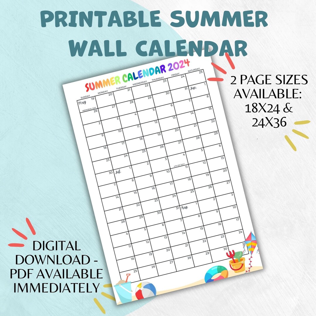 Printable Summer Wall Calendar Planning Summer 2024 Calendar for Kids ...
