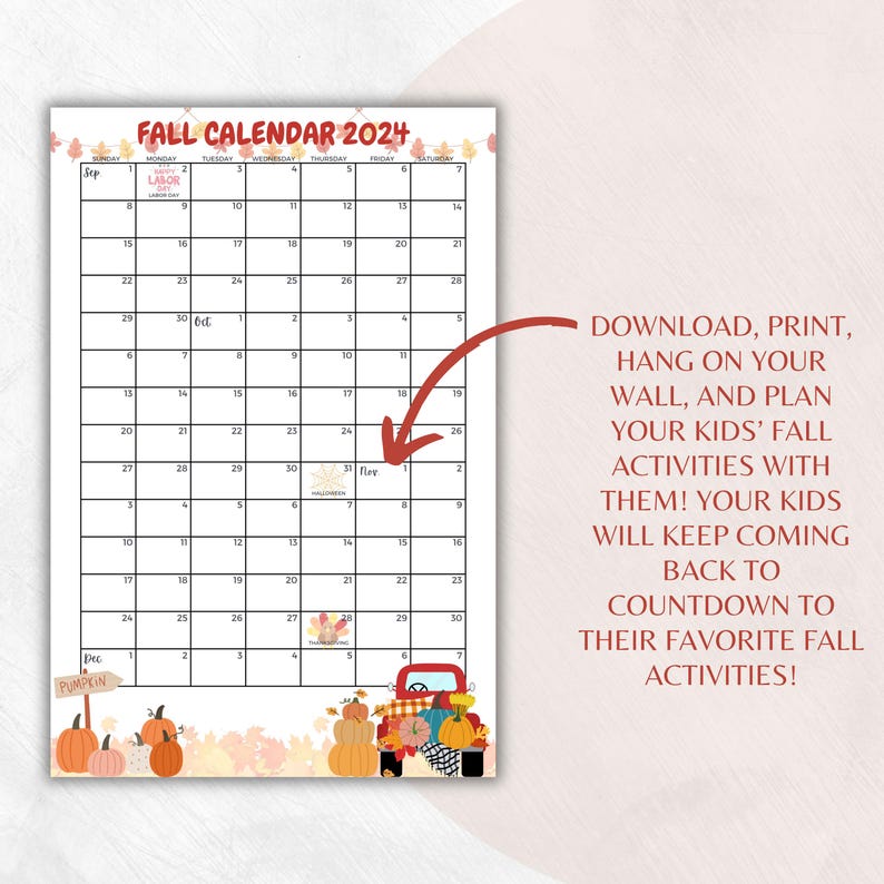 Printable Kids Fall 2024 Wall Calendar | Bucket List Fall Activities ...