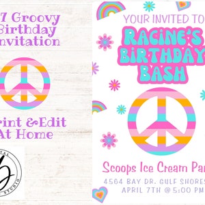 Preppy Birthday Invitation | Peace | Girl Party | Ice Cream Birthday ...