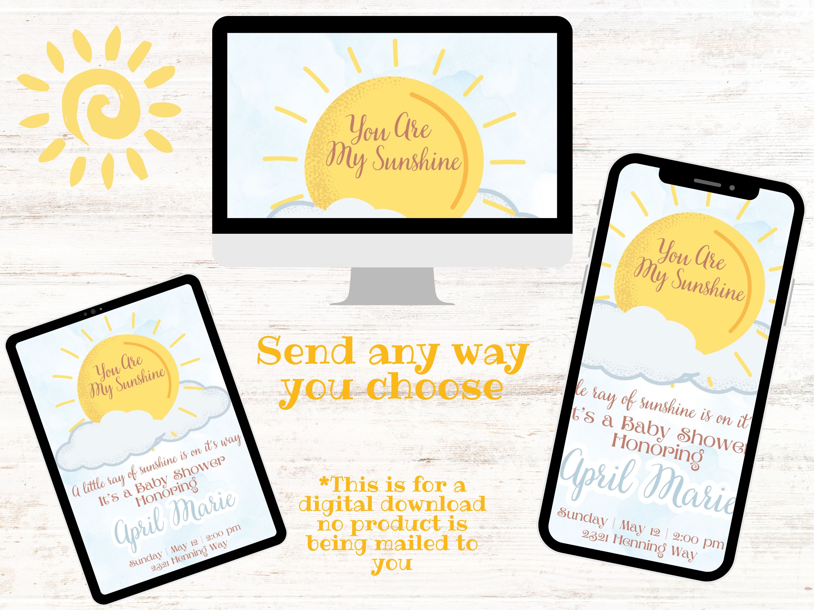 You Are My Sunshine Baby Shower Invitation | Editable Template | A ...