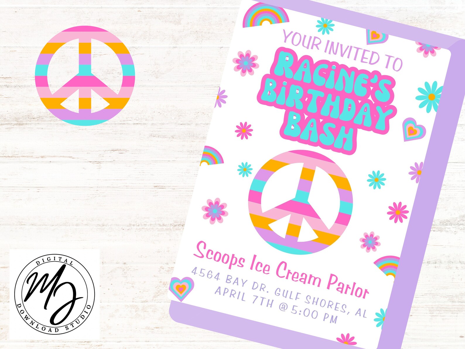 Preppy Birthday Invitation | Peace | Girl Party | Ice Cream Birthday ...