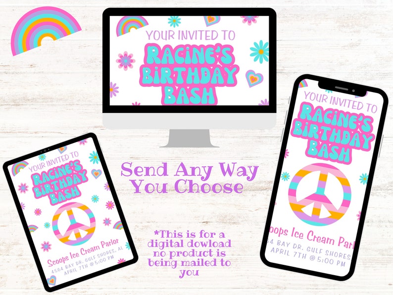 Preppy Birthday Invitation | Peace | Girl Party | Ice Cream Birthday ...
