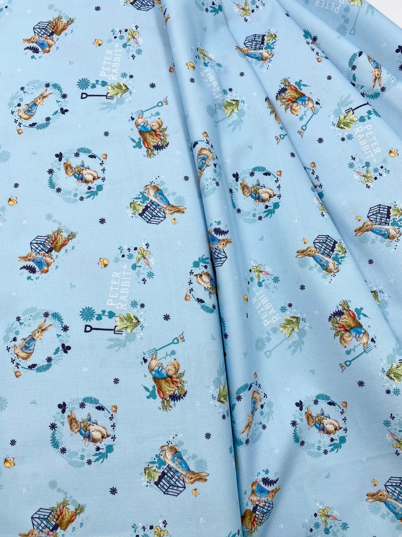 Peter Rabbit Blue Fabric 100% Cotton Garden Bunny Cotton Fabric by Yard ...