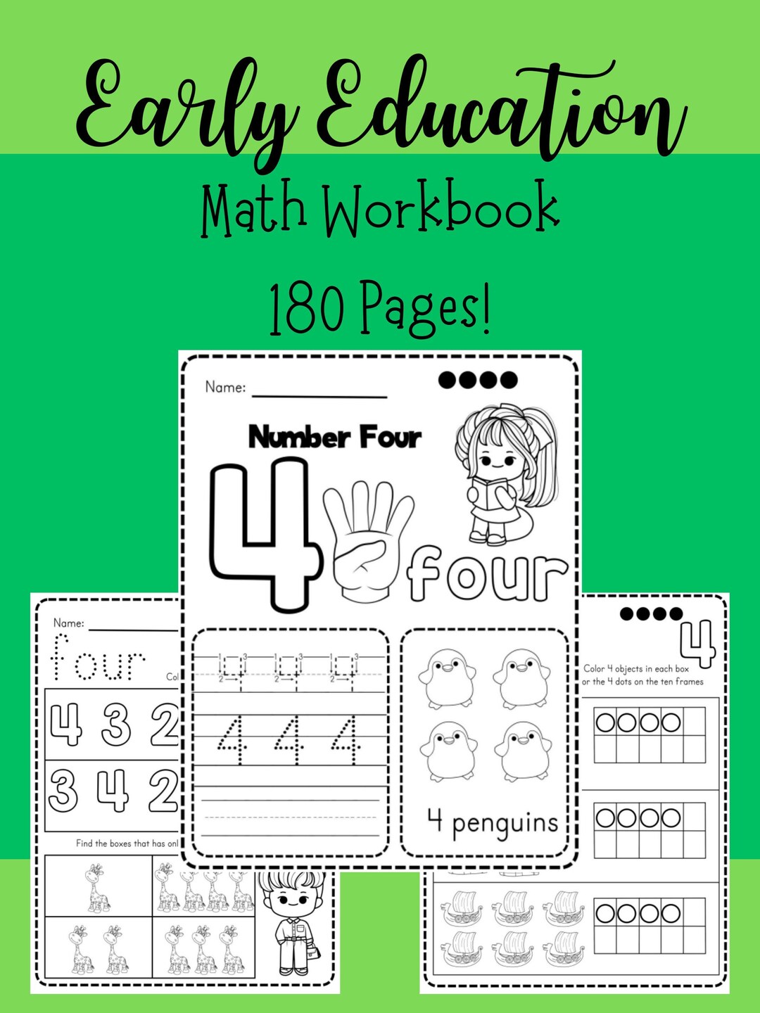 180 Page Prek Math Year Long Printable Workbook-numbers-counting-shapes ...