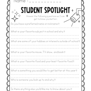 Student Spotlight Printable Survey - Fun Back-to-school Questionnaire ...