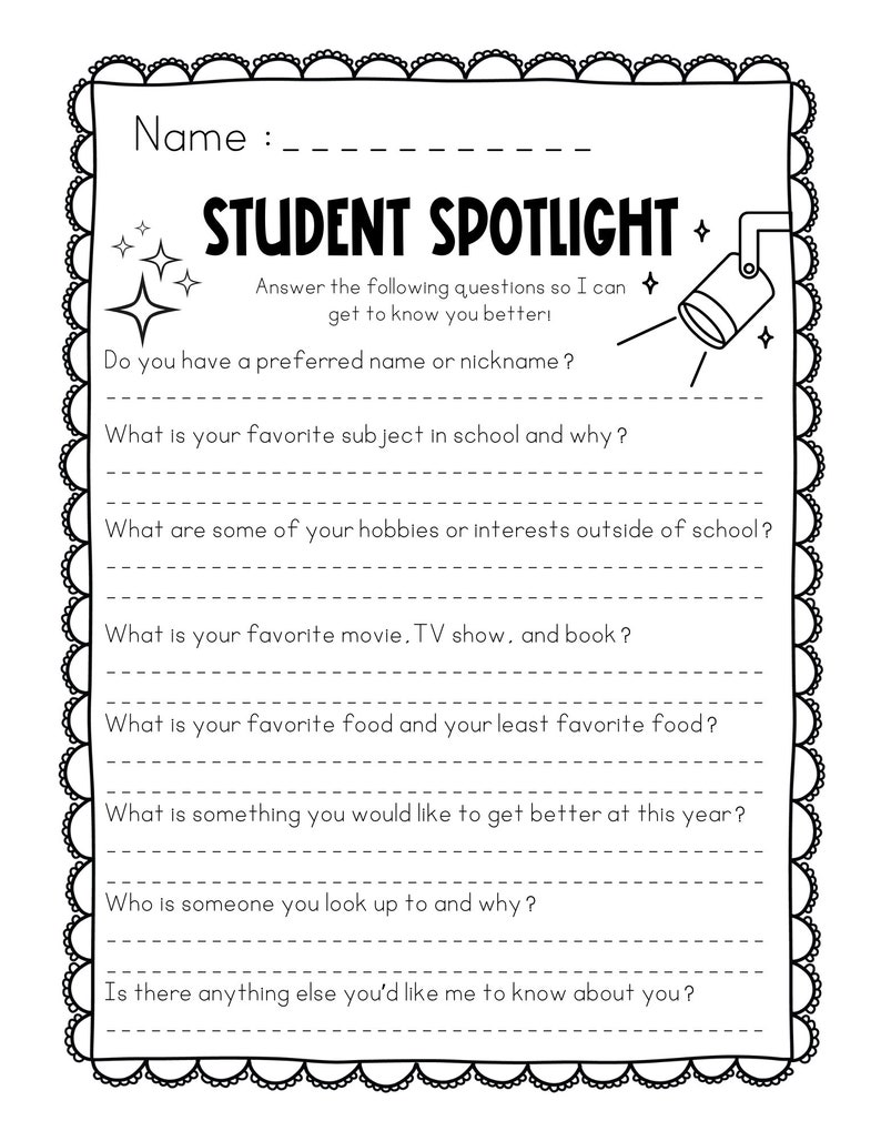 Student Spotlight Printable Survey - Fun Back-to-school Questionnaire ...