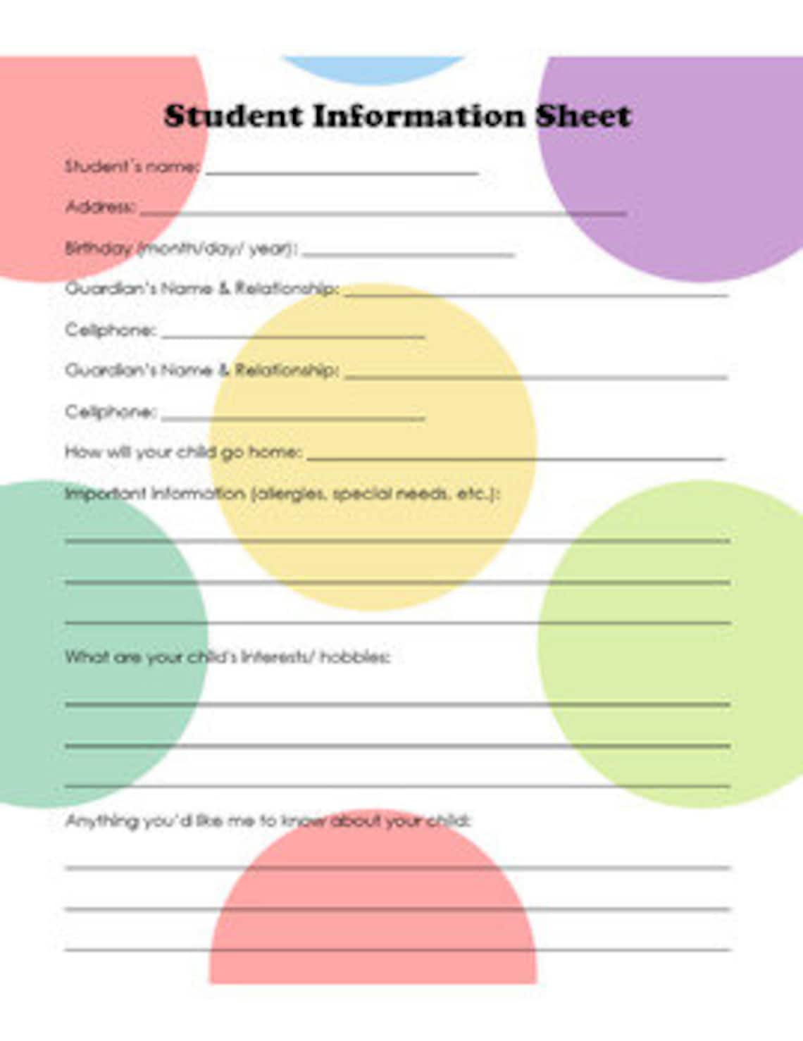 Editable Student Info Sheet-back to School-first Day of School - Etsy