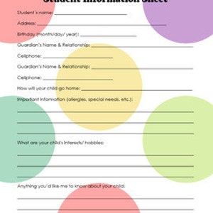 Editable Student Info Sheet-back to School-first Day of School - Etsy