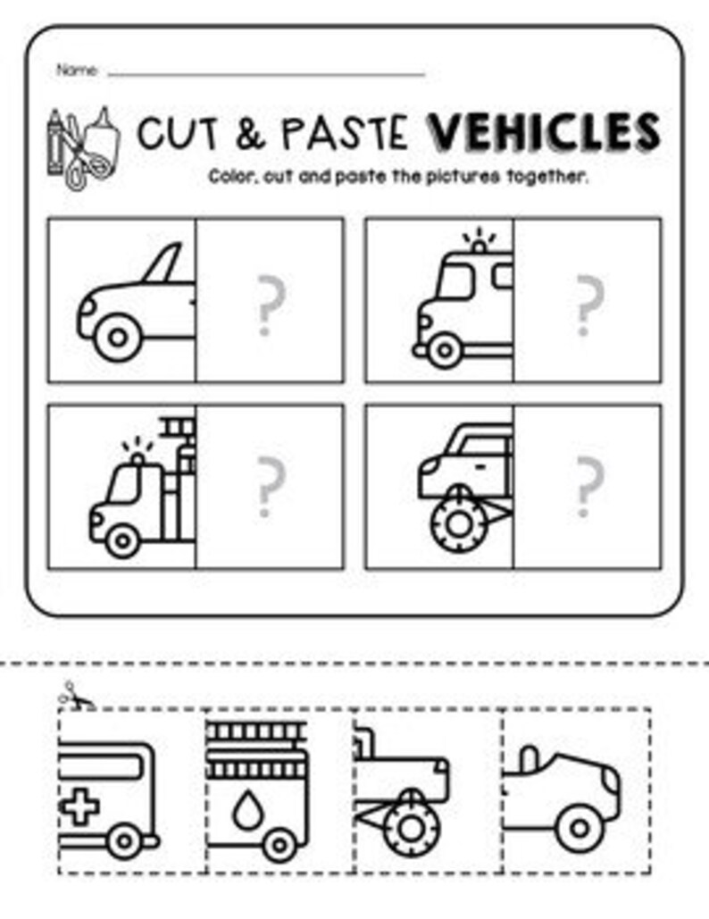 Cut & Paste-vehicle Theme-10 Printable Worksheets-small Motor Activity ...