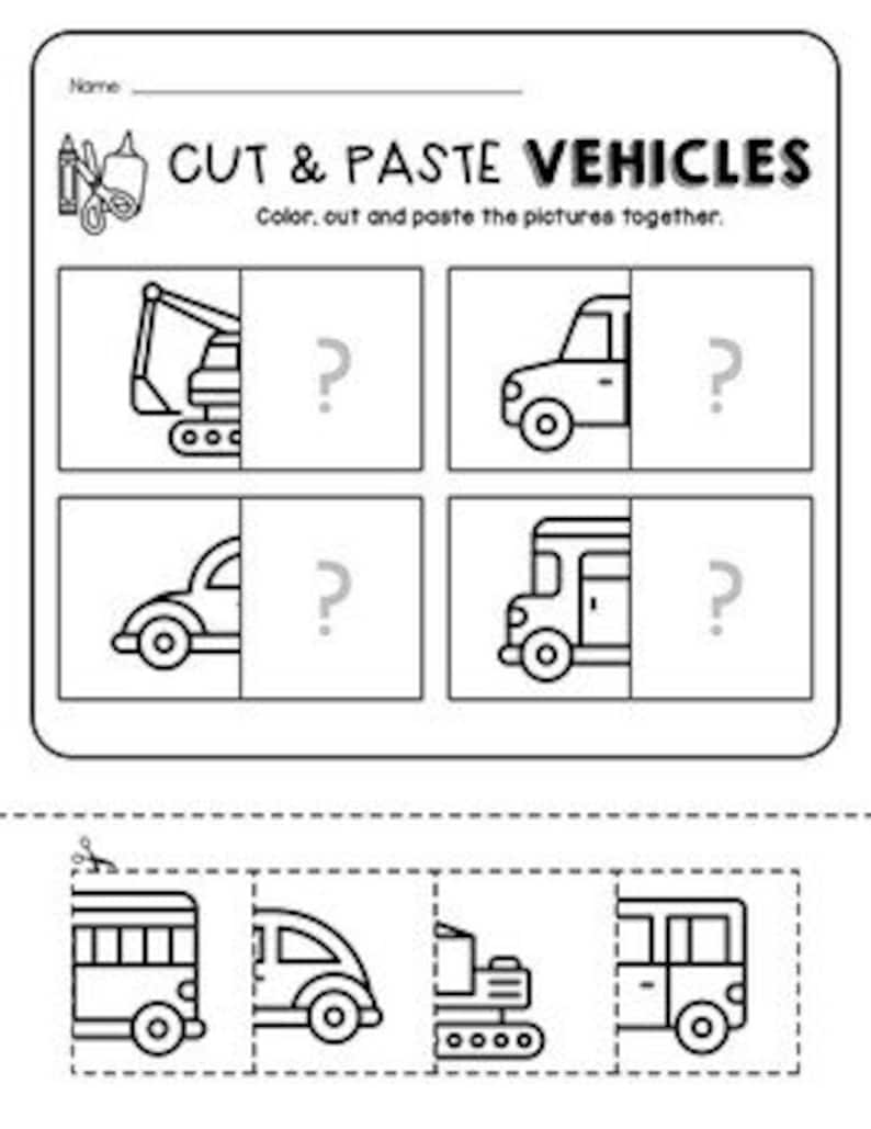 Cut & Paste-vehicle Theme-10 Printable Worksheets-small Motor Activity ...