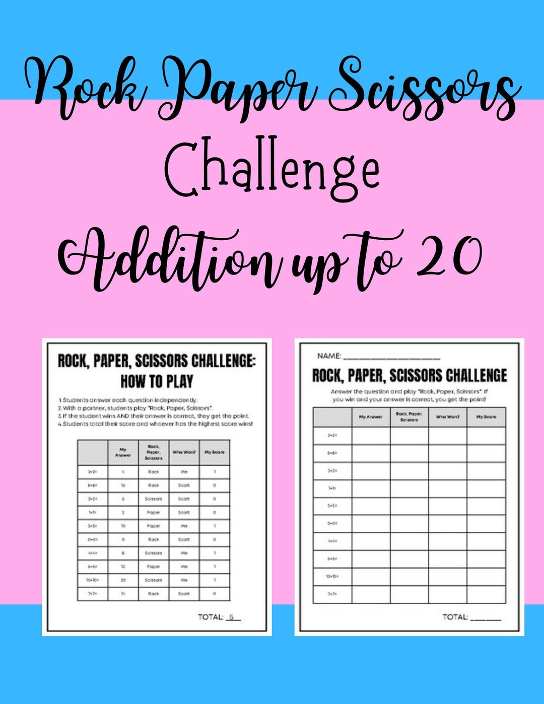 Rock, Paper, Scissors Math Challenge- Addition With Sums up to 20 ...