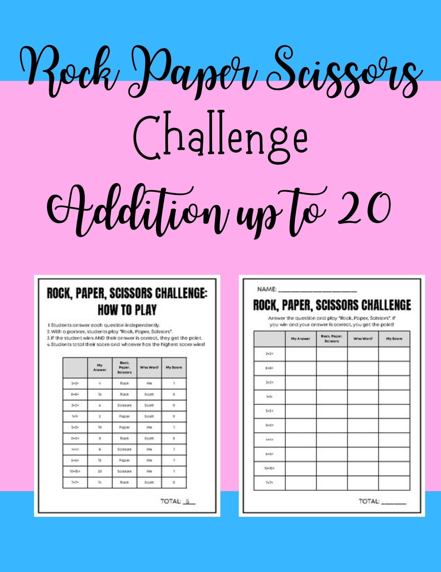 Rock, Paper, Scissors Math Challenge- Addition With Sums up to 20 ...