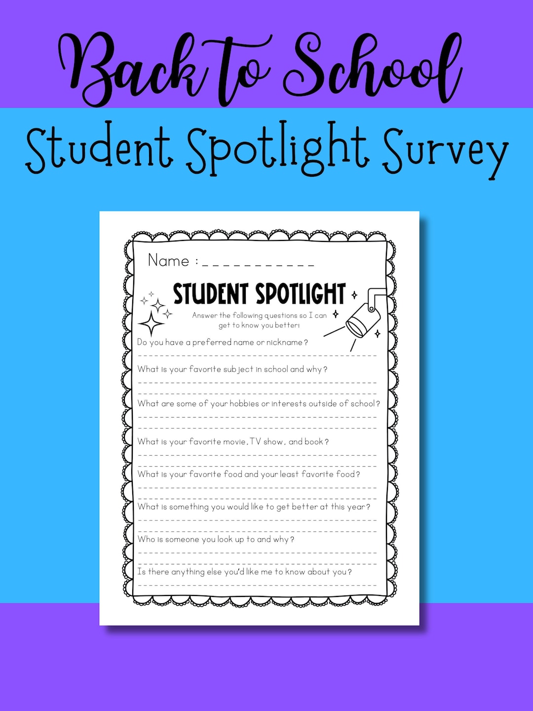 Student Spotlight Printable Survey - Fun Back-to-school Questionnaire ...