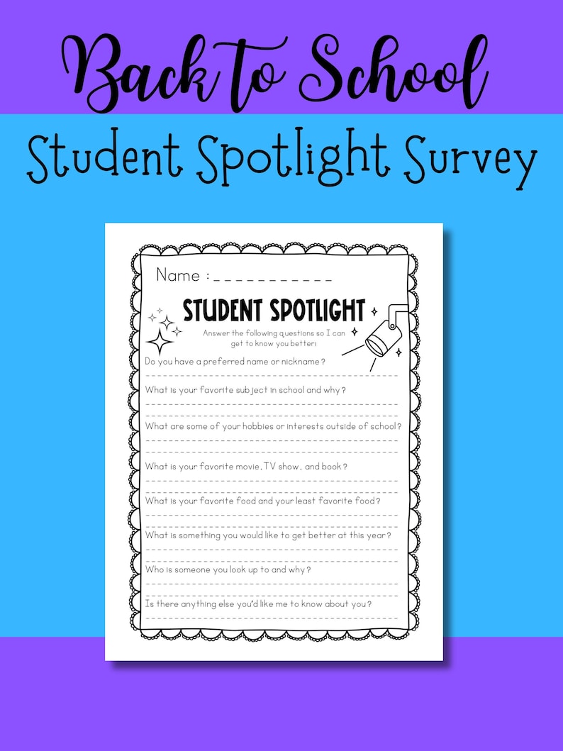 Student Spotlight Printable Survey - Fun Back-to-school Questionnaire ...