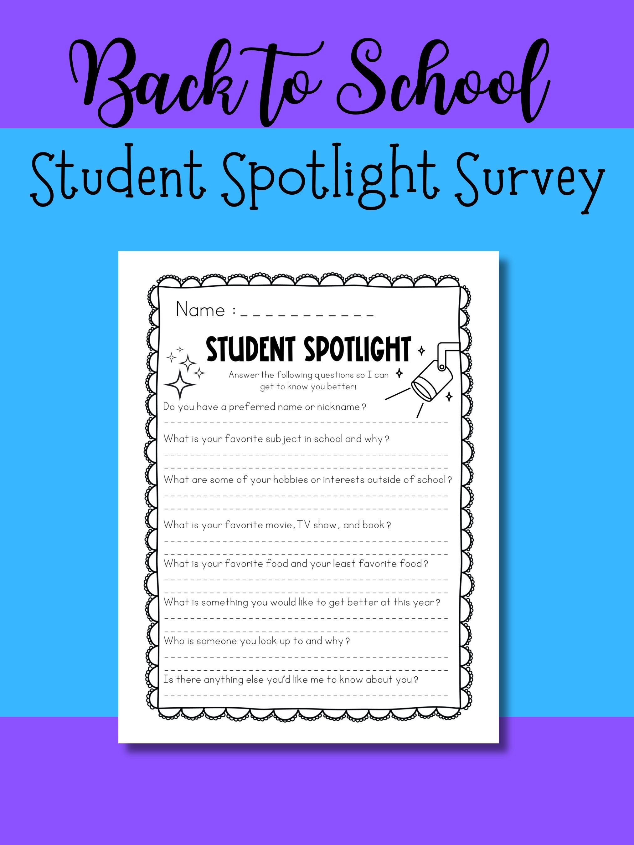 Student Spotlight Printable Survey - Fun Back-to-school Questionnaire ...