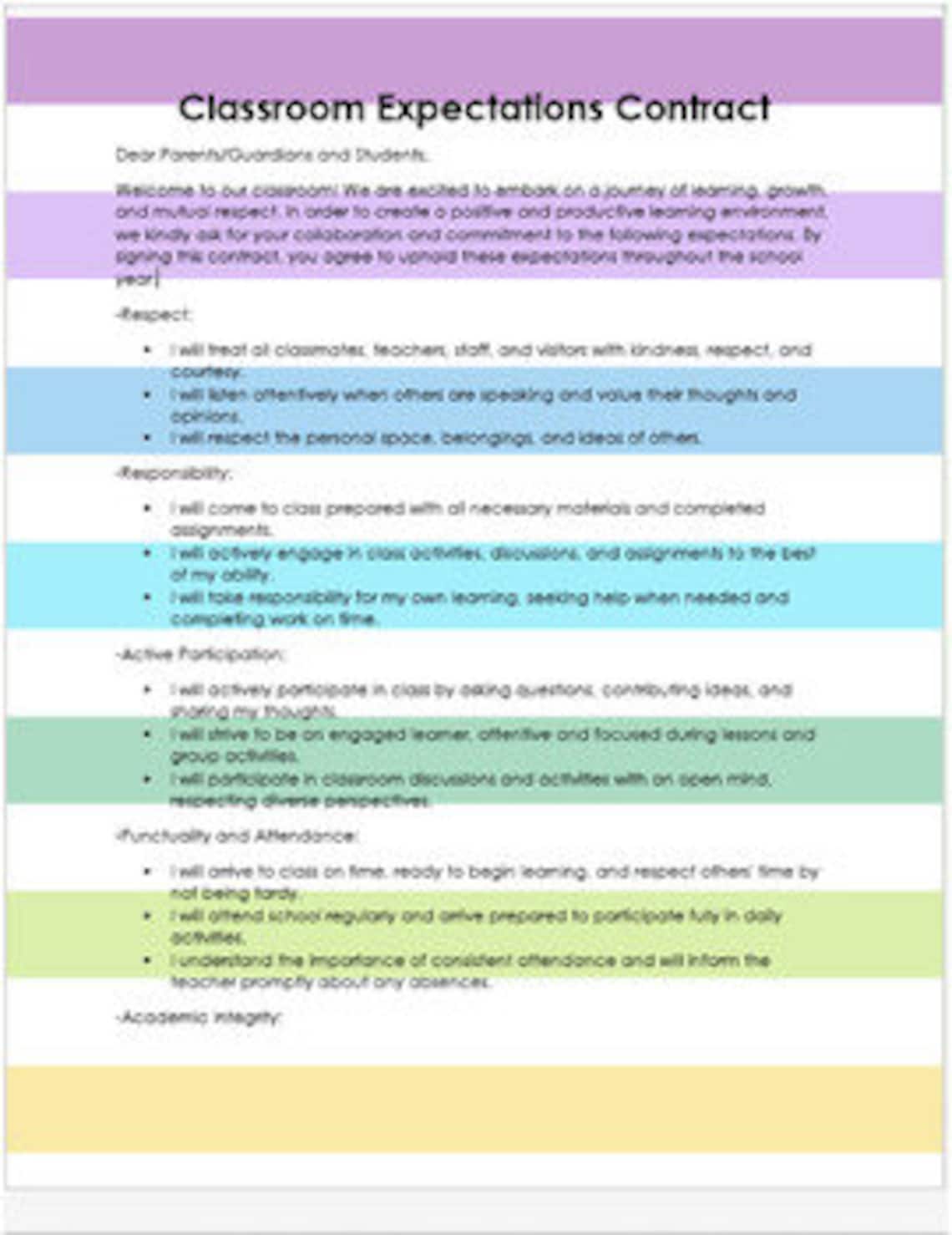 Editable Classroom Expectations Contract - Etsy