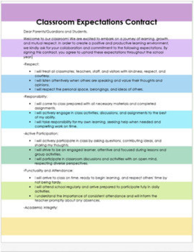 Editable Classroom Expectations Contract - Etsy