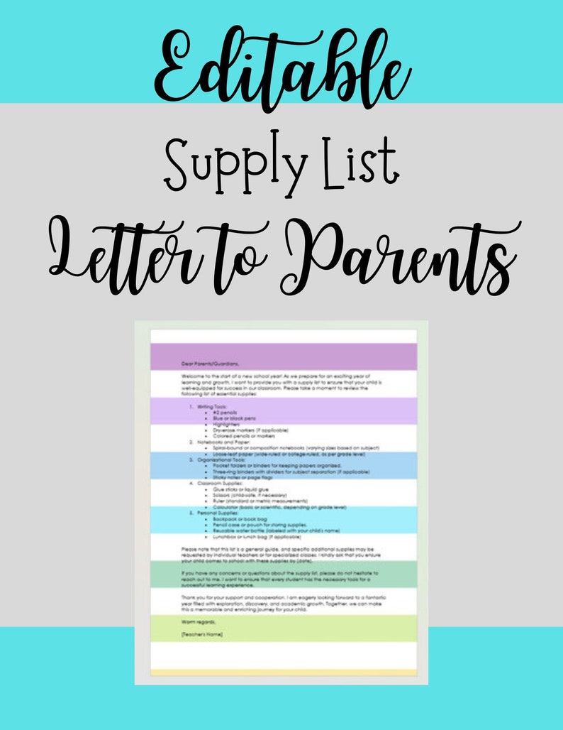 Editable Back to School Supply List Letter to Parents - Etsy