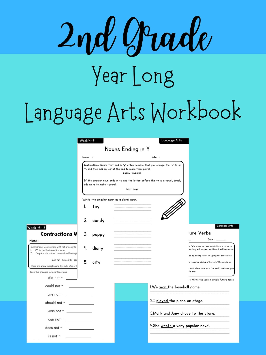 2nd Grade Year Long Language Arts Workbook-over 200 Pages-nouns-verbs ...