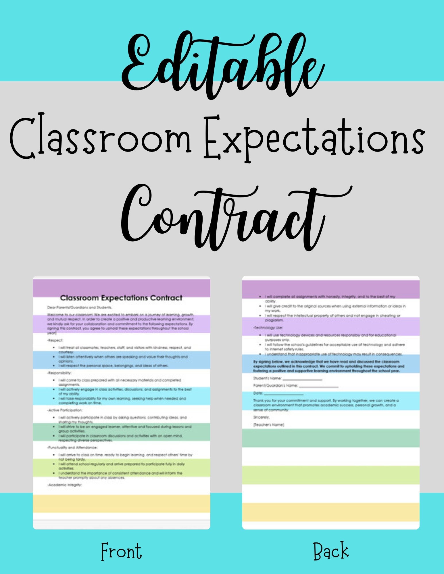 Editable Classroom Expectations Contract - Etsy