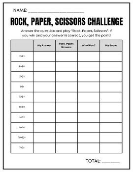 Rock, Paper, Scissors Math Challenge- Addition With Sums up to 20 ...
