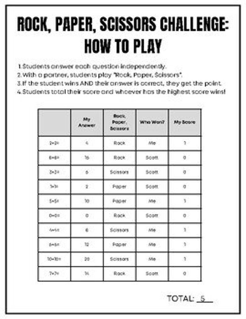 Rock, Paper, Scissors Math Challenge- Addition With Sums up to 20 ...
