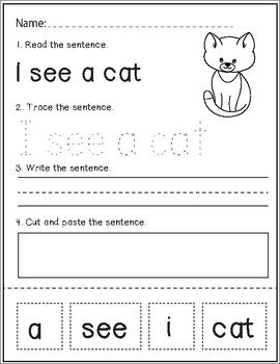 Sentence Building Worksheets-read, Trace, Write, and Cut & Paste the ...