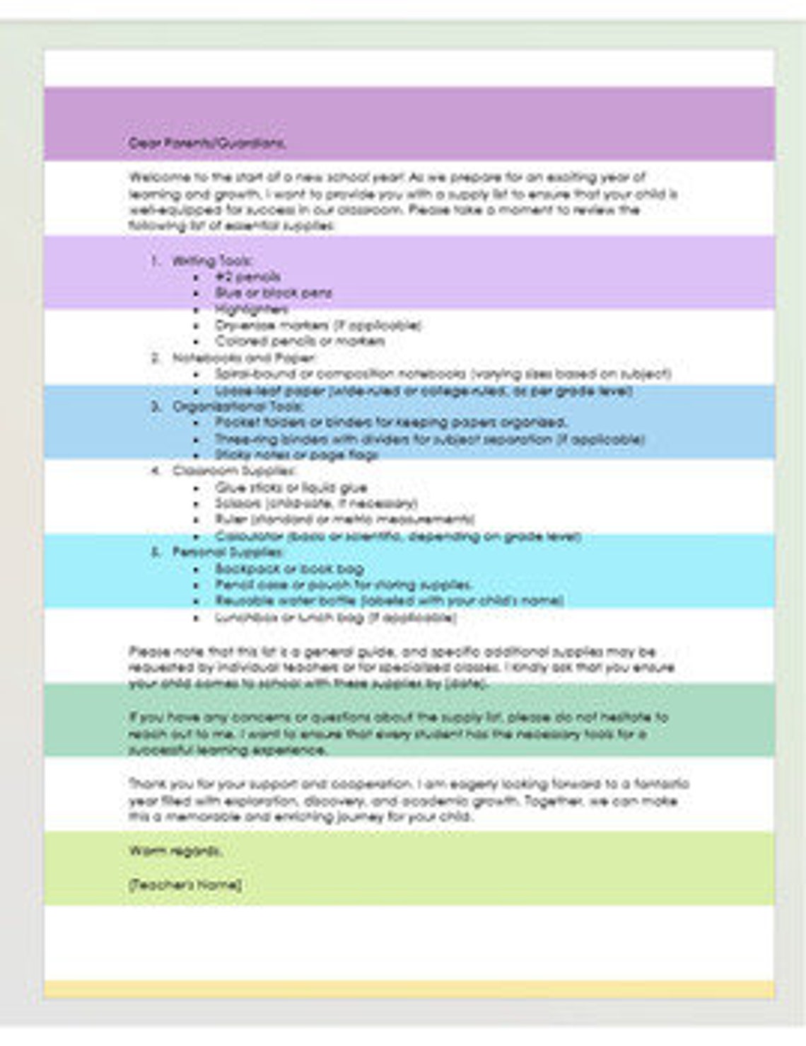 Editable Back to School Supply List Letter to Parents - Etsy
