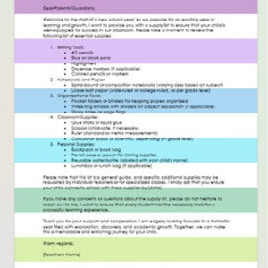Editable Back to School Supply List Letter to Parents - Etsy