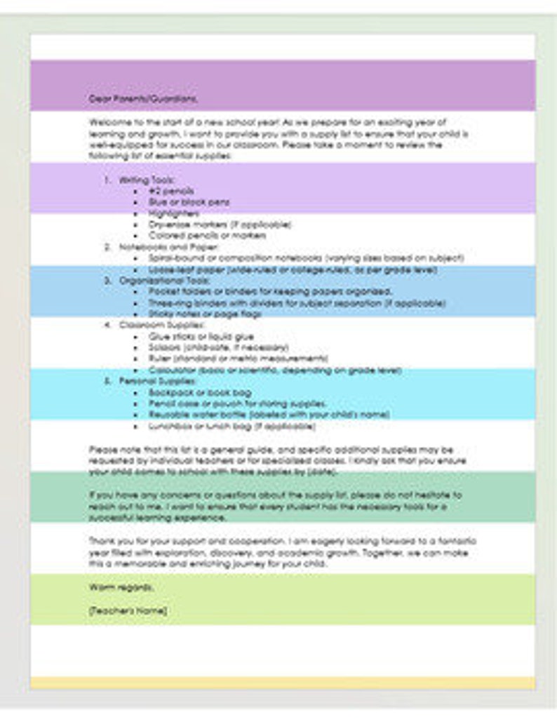 Editable Back to School Supply List Letter to Parents - Etsy