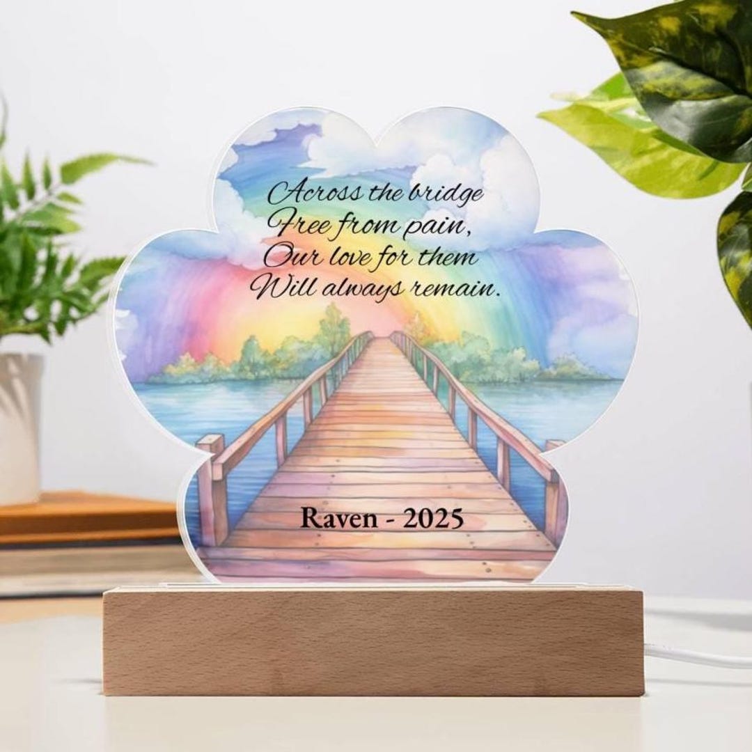 Personalized Pet Memorial Acrylic Light, Rainbow Bridge Paw Plaque With ...