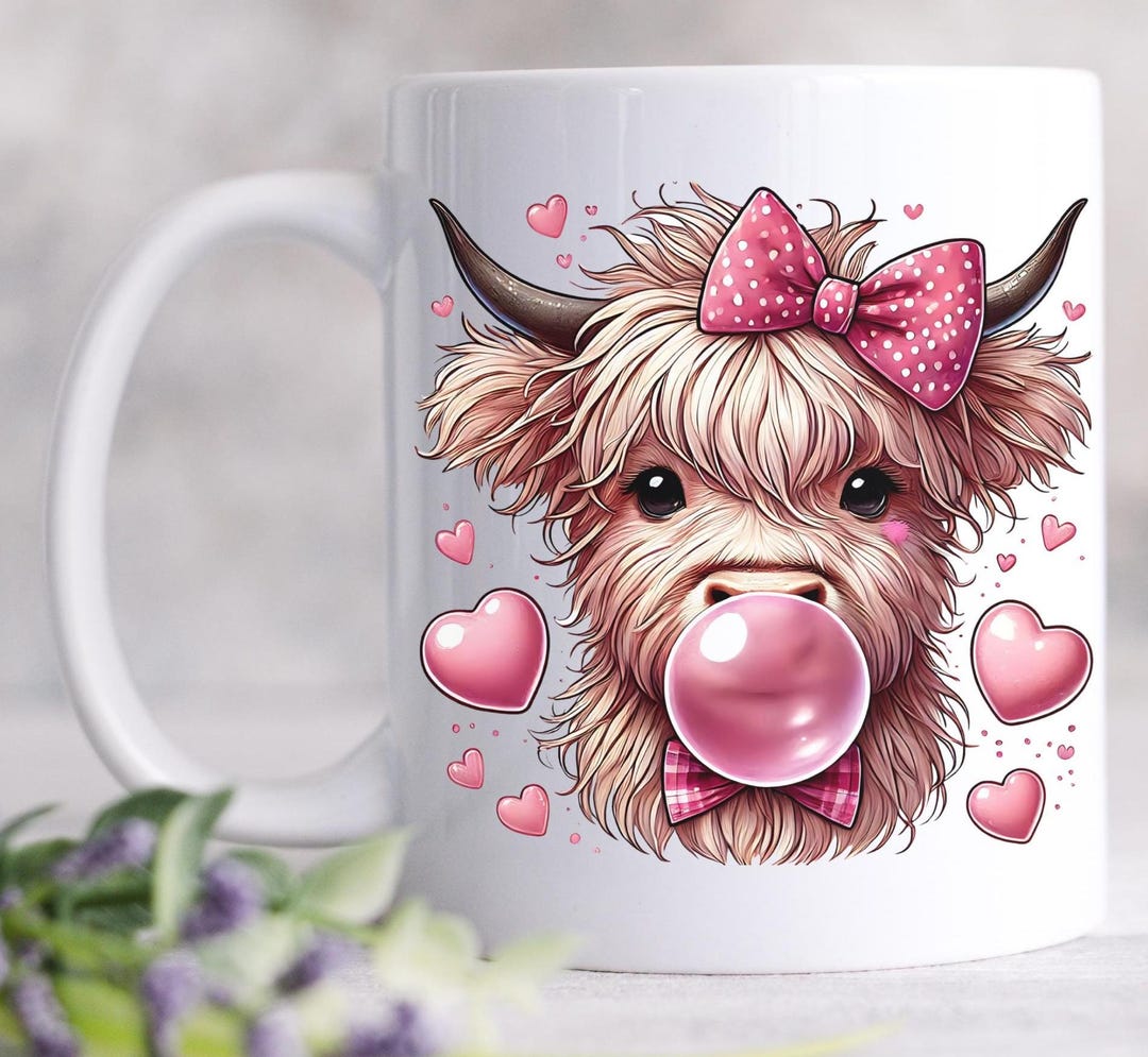 Highland Cow Mug, Cute Bow and Bubble Gum Design, Adorable Gift for ...