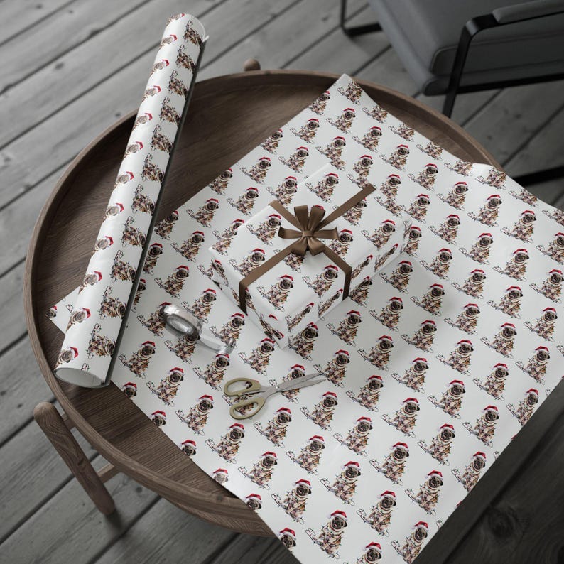 Tan Pug Christmas Wrapping Paper, Dog Gift Wrap With Santa Hat and ...