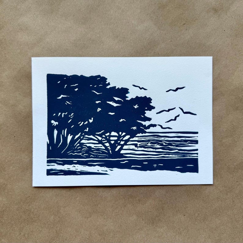 Seaside Landscape Linocut Print - Carmel Beach | 5”x7” - Etsy