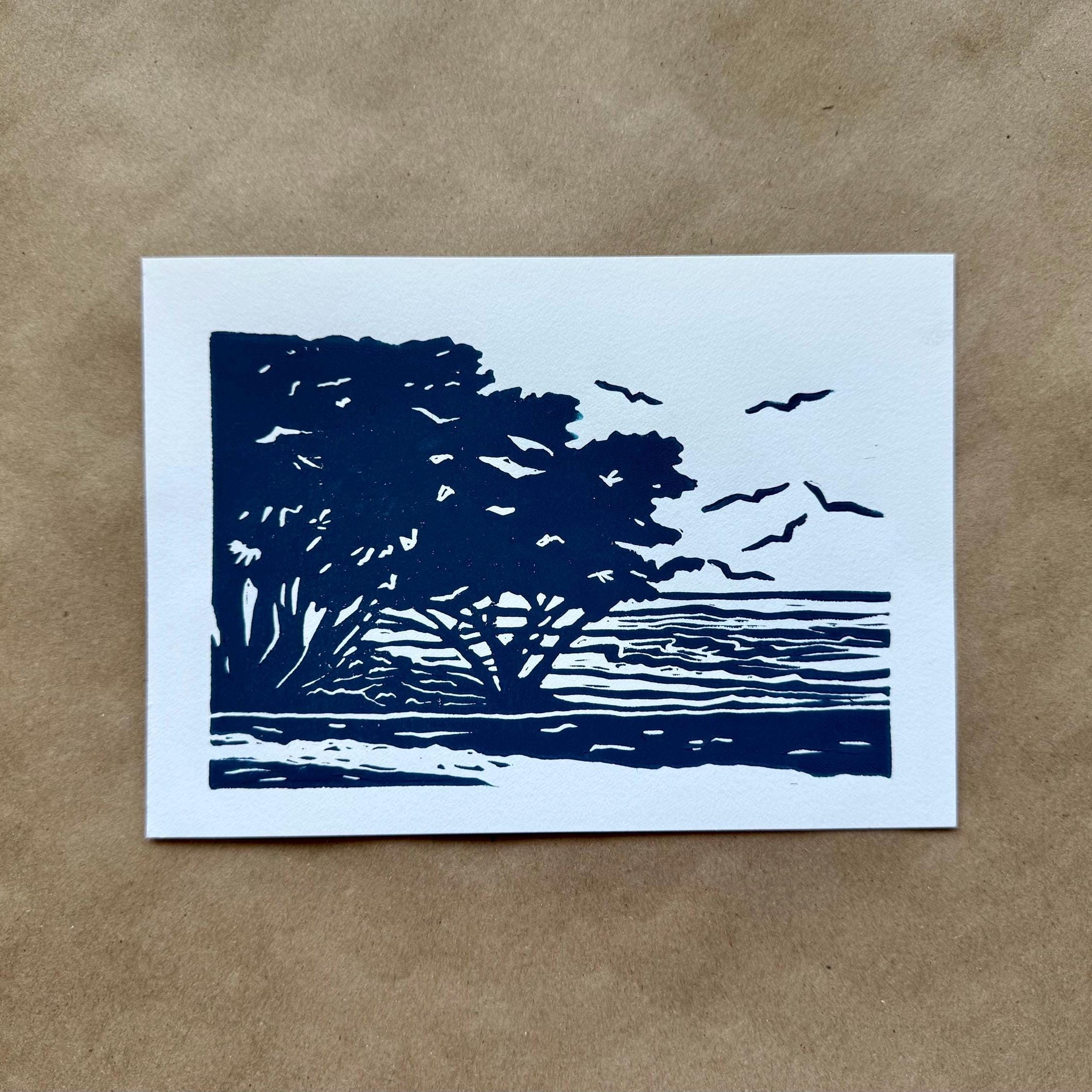 Seaside Landscape Linocut Print - Carmel Beach | 5”x7” - Etsy