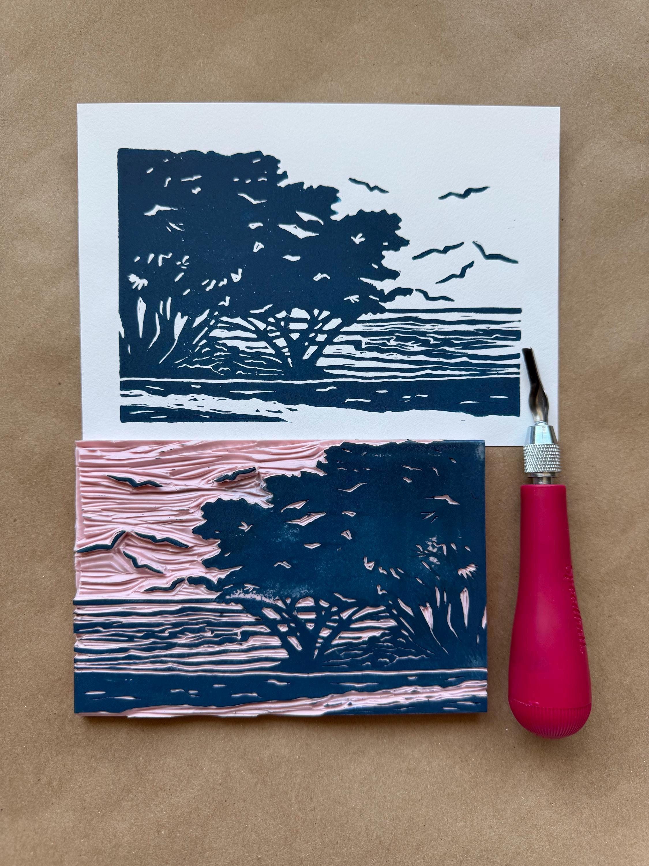 Seaside Landscape Linocut Print - Carmel Beach | 5”x7” - Etsy