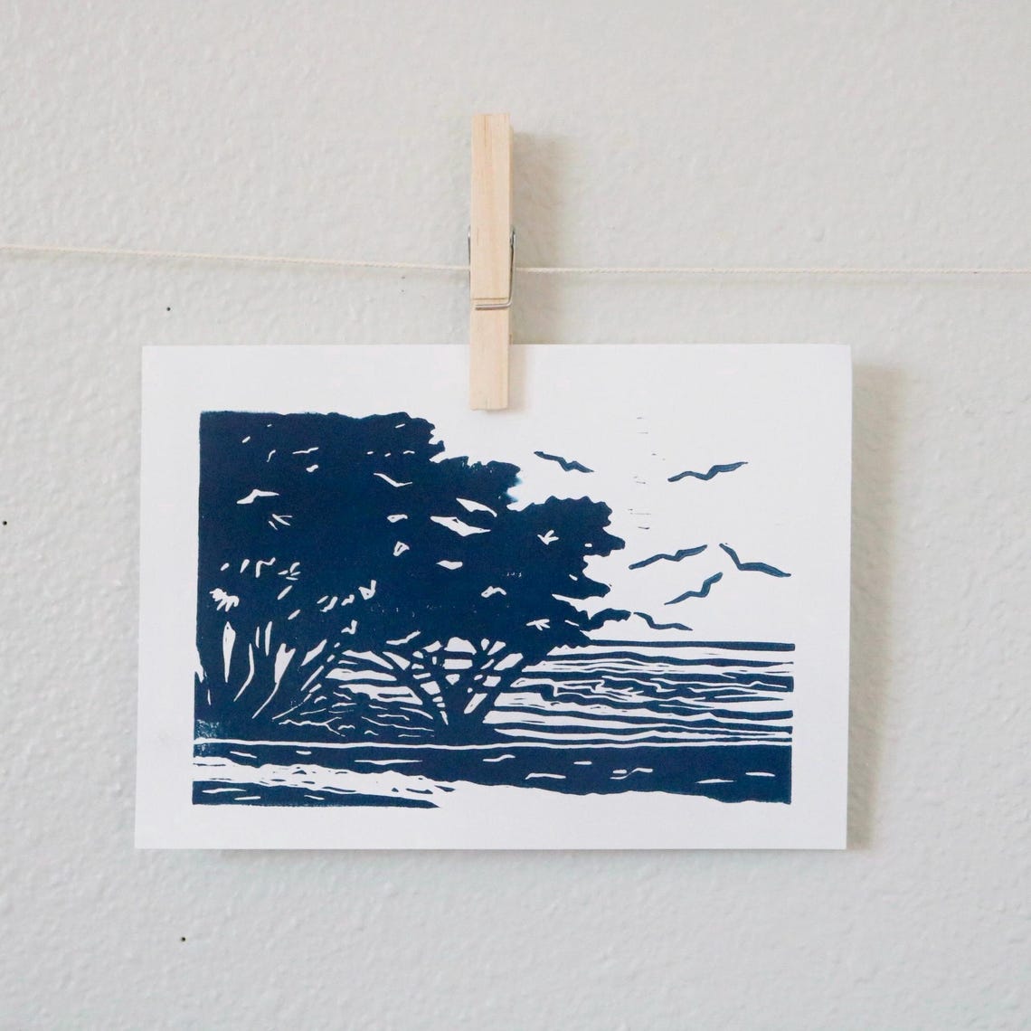 Seaside Landscape Linocut Print - Carmel Beach | 5”x7” - Etsy
