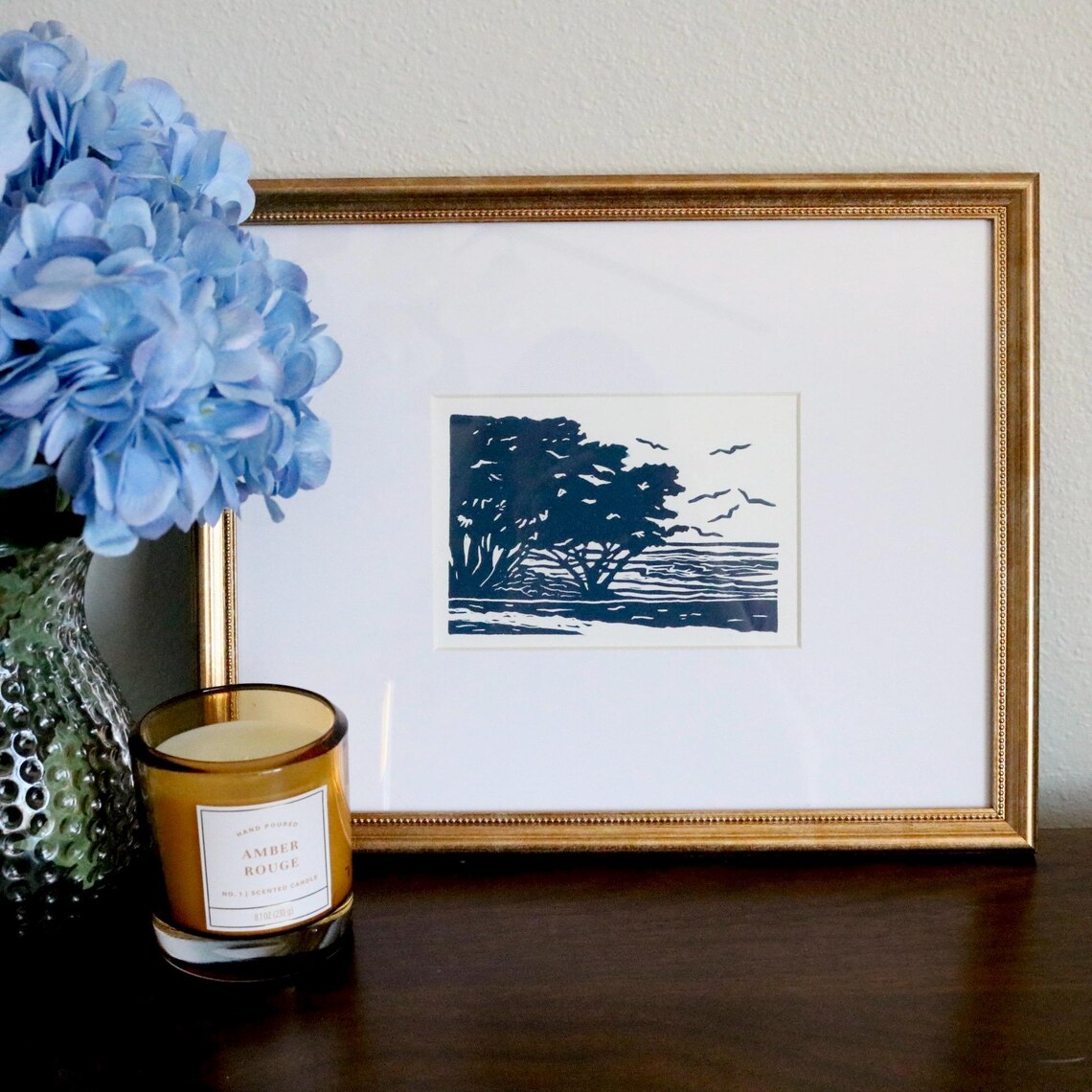 Seaside Landscape Linocut Print - Carmel Beach | 5”x7” - Etsy