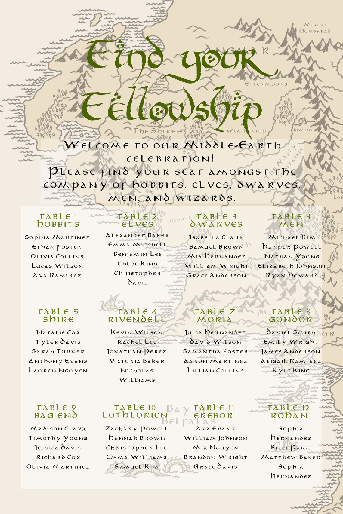 LOTR Wedding Seating Chart Instant Download Digital Canva Editable ...